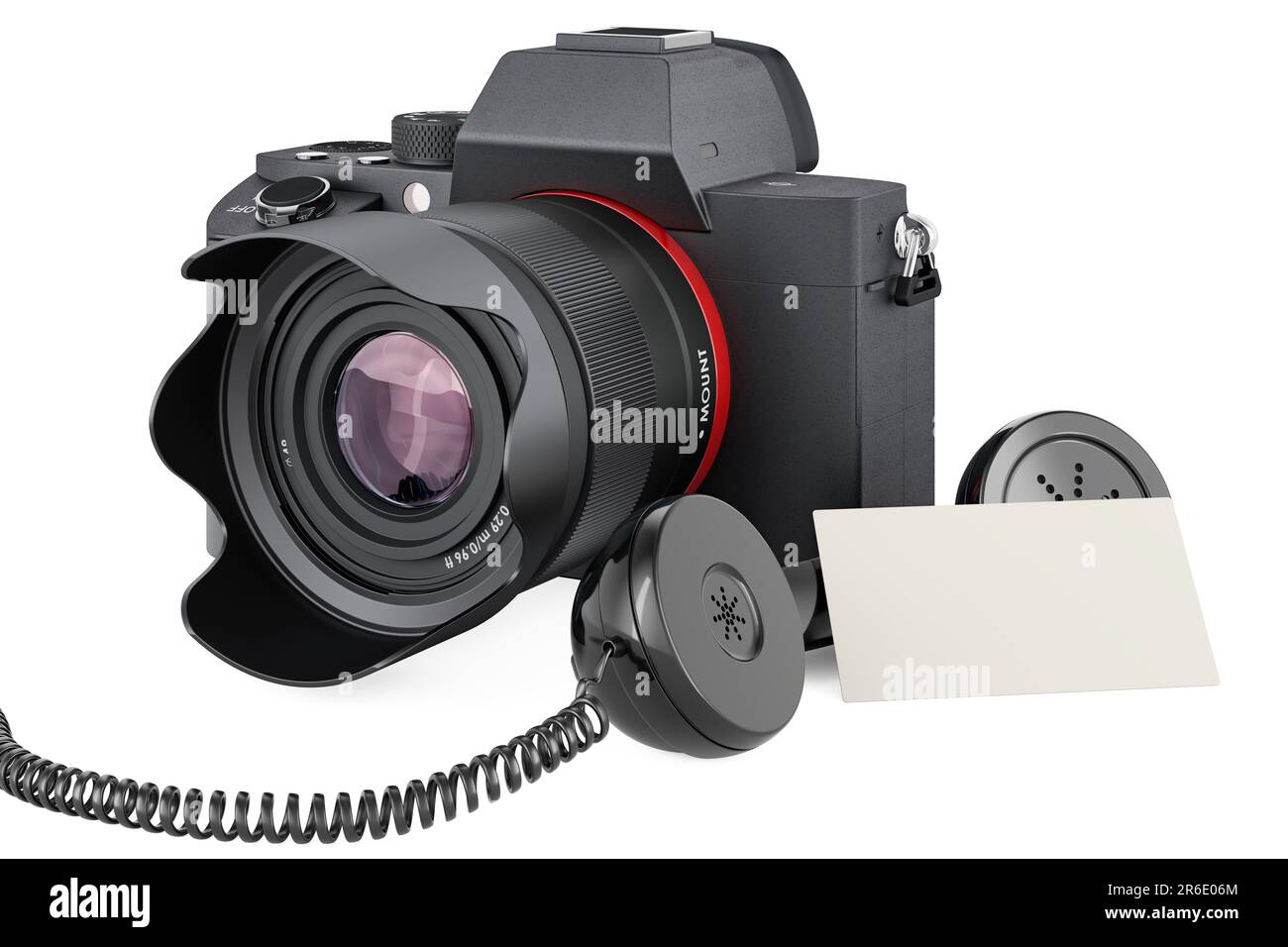 Digital camera with blank business card and retro phone receiver. 3D ...