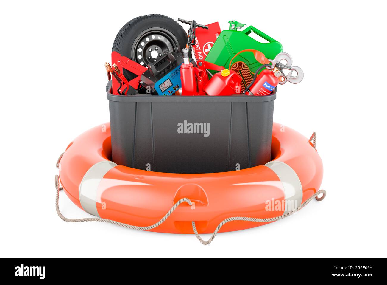 Plastic box full of car tools, equipment and accessories with lifebuoy ...