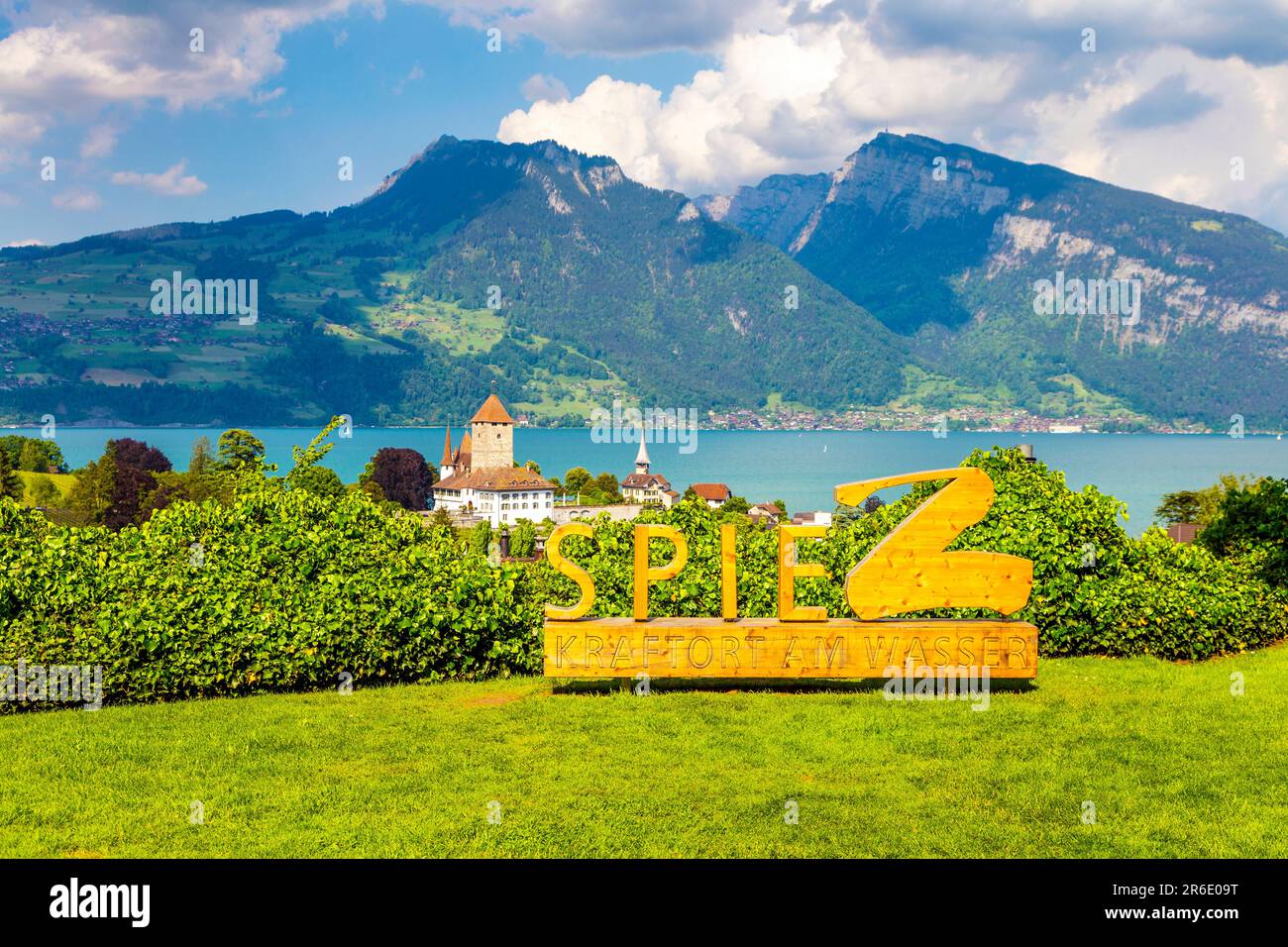View of Lake Thun, Spiez Castle and Merligen in the distance, Spiez ...