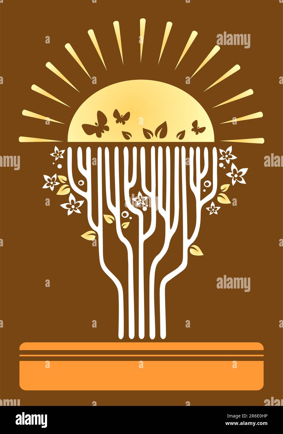 Ornate tree, butterfly and sun on a brown background. Symbol of a life ...