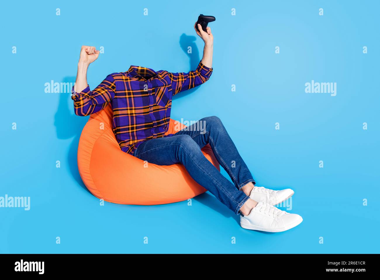 Creative weird absurd collage template of person without face playing ...