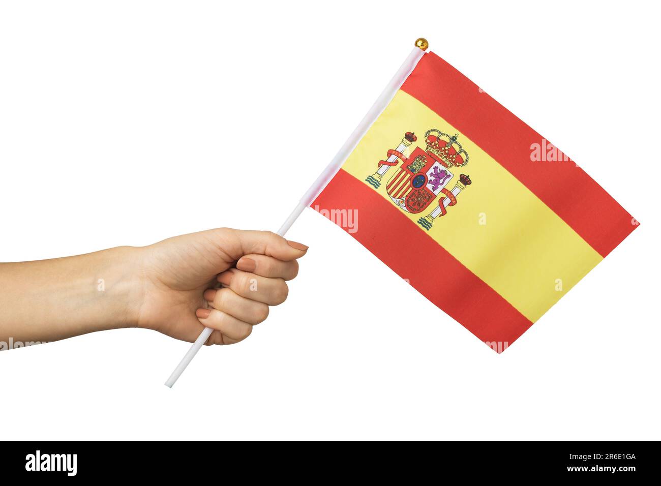 Spanish flag in female hand isolated on white background, template for ...