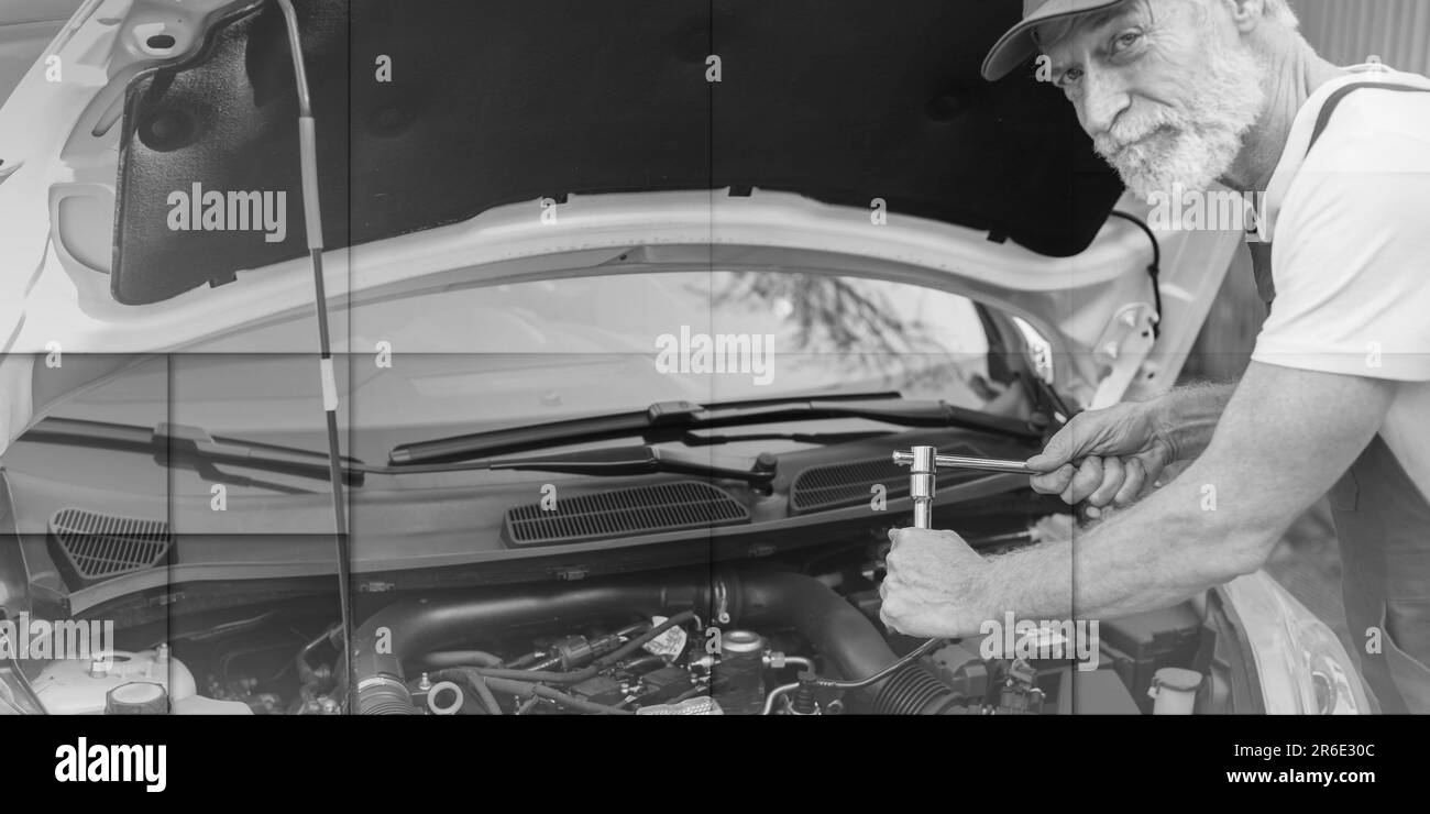Car mechanic repairing a car engine, geometric pattern Stock Photo - Alamy