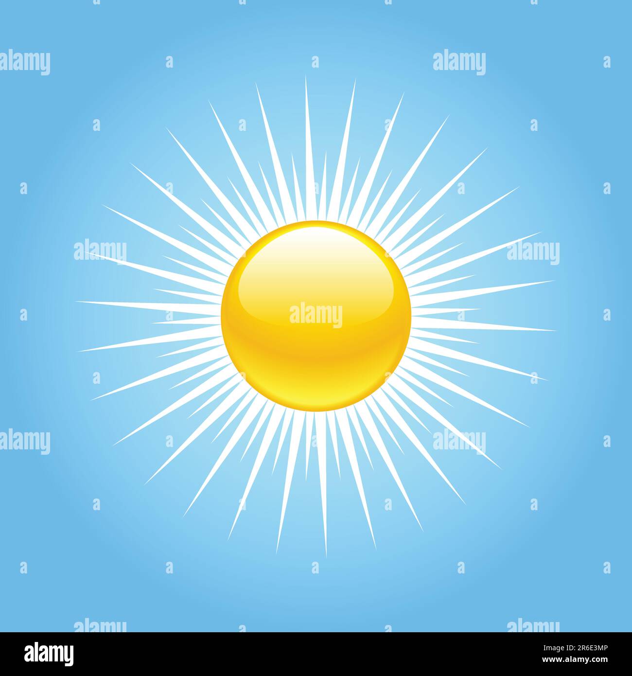 Vector illustration of bright yellow sun and rays in bright blue sky ...