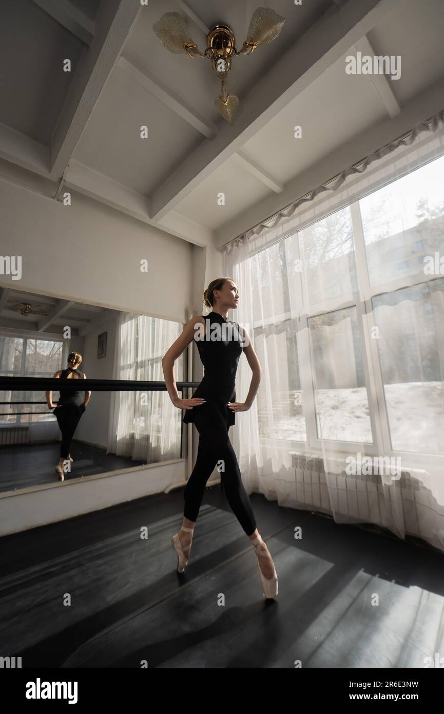 A beautiful Asian ballerina is training in a dance class. Vertical ...