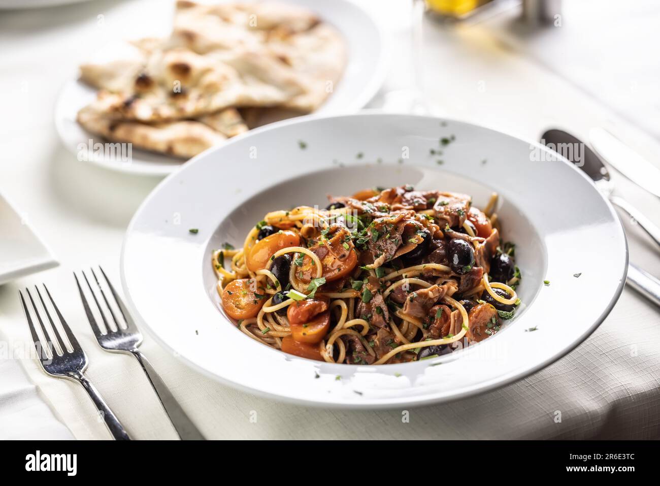 Al amatriciana. with tomatoes and pancetta, a spicy Italian food Stock ...