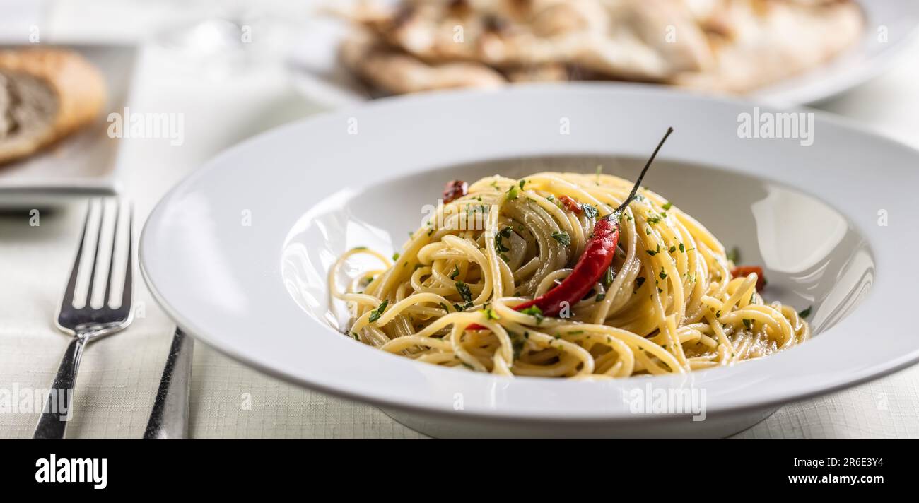 Spaghetti aglio e olio peperoncino with a hot fresh chilli served in a ...