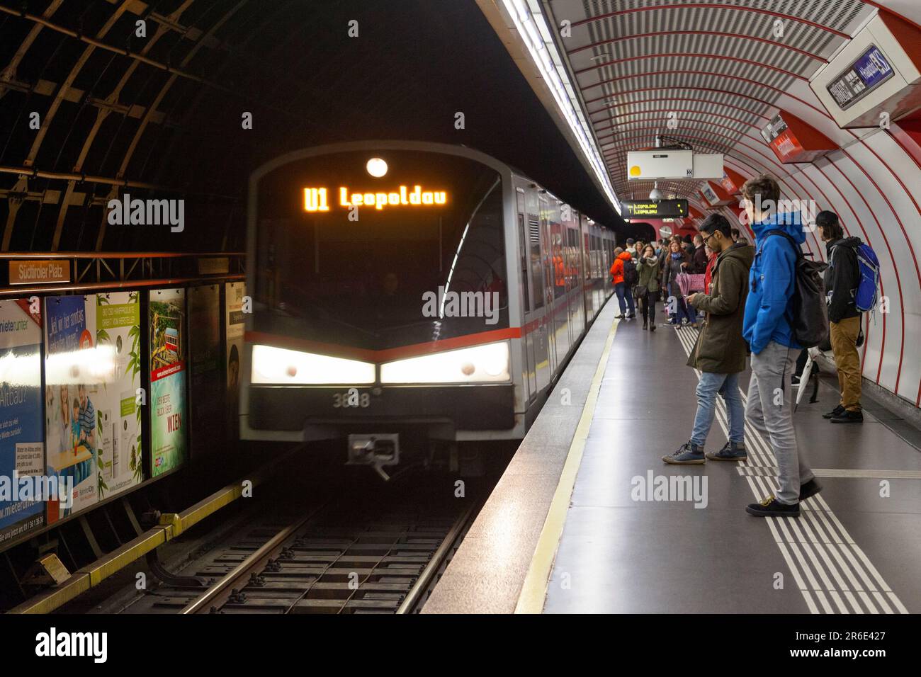 Vienna, Austria - May 29 2019: Subway train entering the station of ...