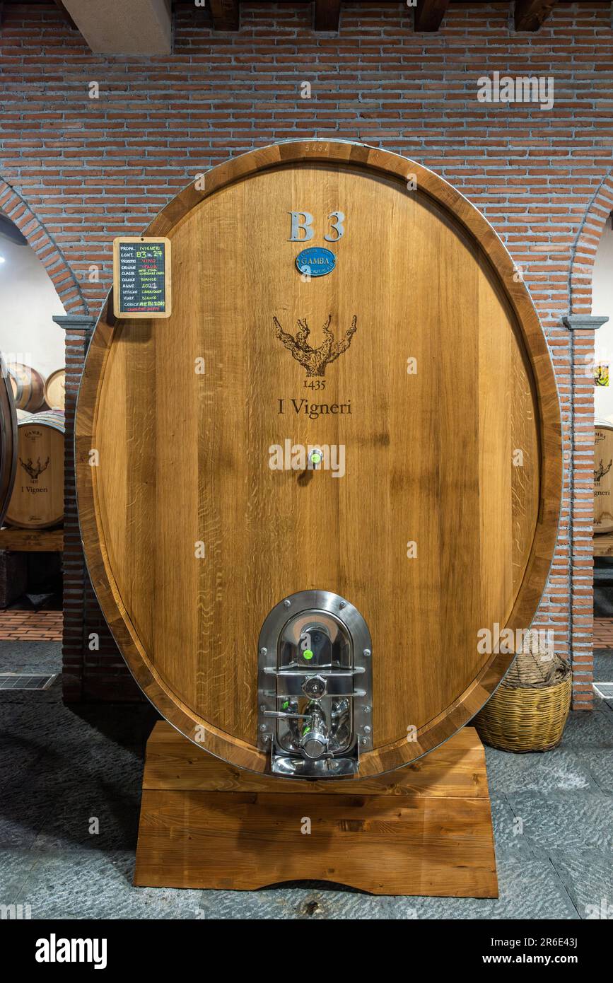 A wine barrel in the I Vigneri winery in Milo on the slopes of Mount Etna, Sicily, Italy Stock ...