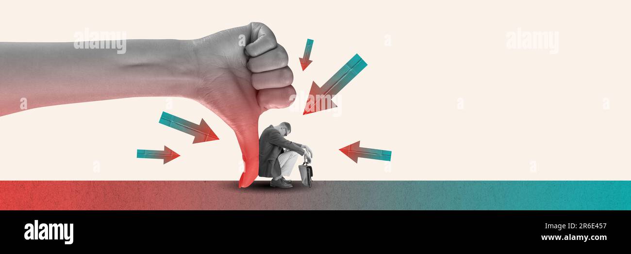 Unsuccessful work. Sad, desperate man, employee sitting near giant hand ...