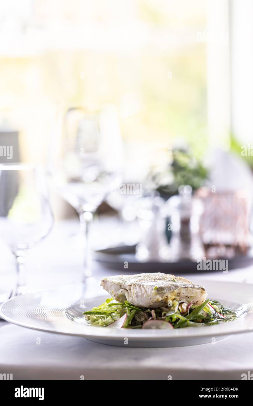 Cog fish with green salad and balsamic sauce is served on a table with ...