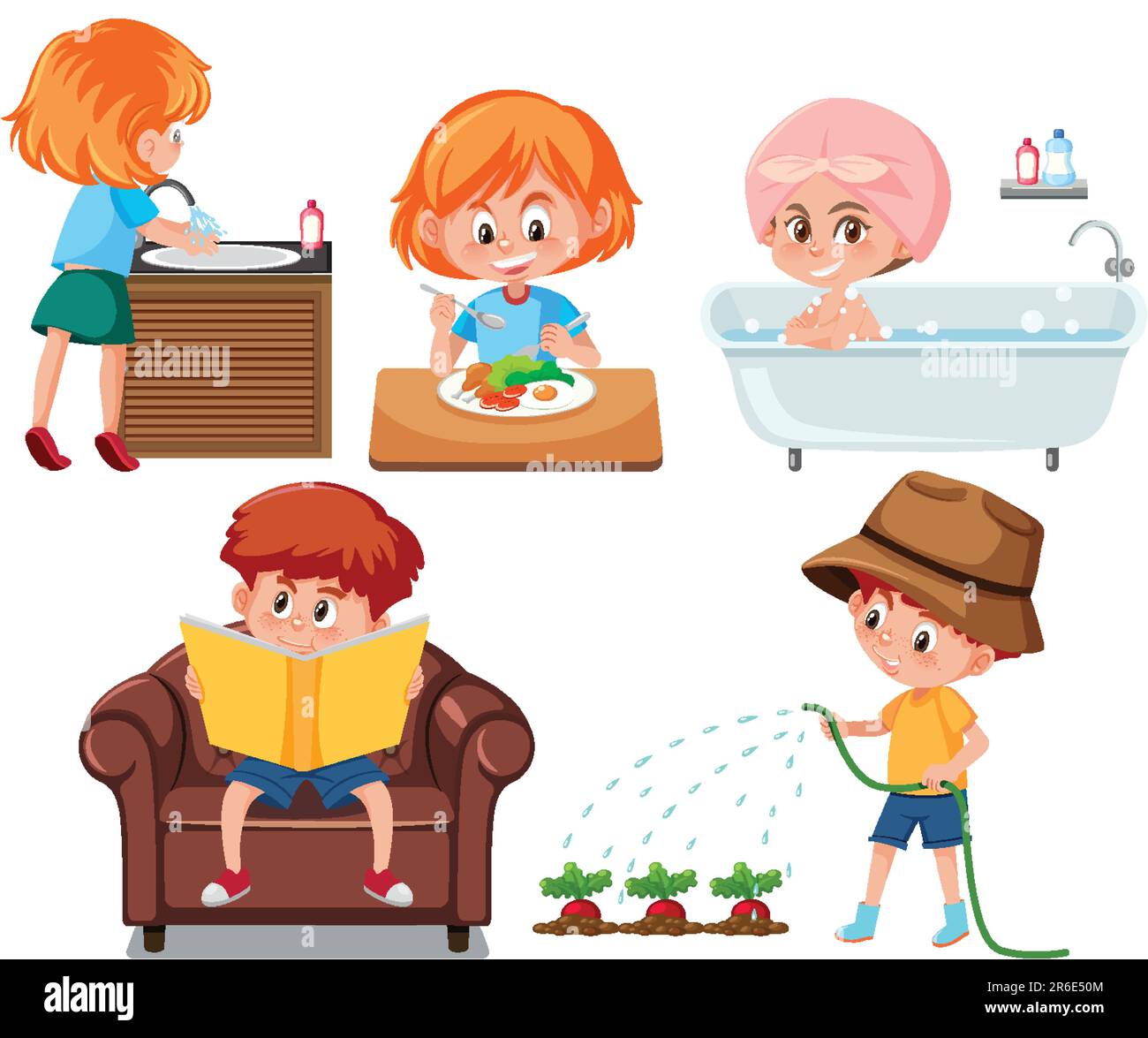Set of children cartoon character daily routine illustration Stock ...