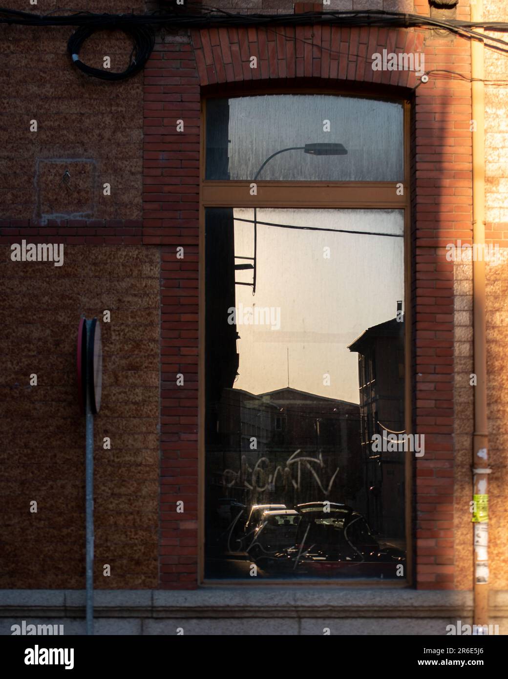 Town Street from th reflexion in a window in castilia leon. The build ...