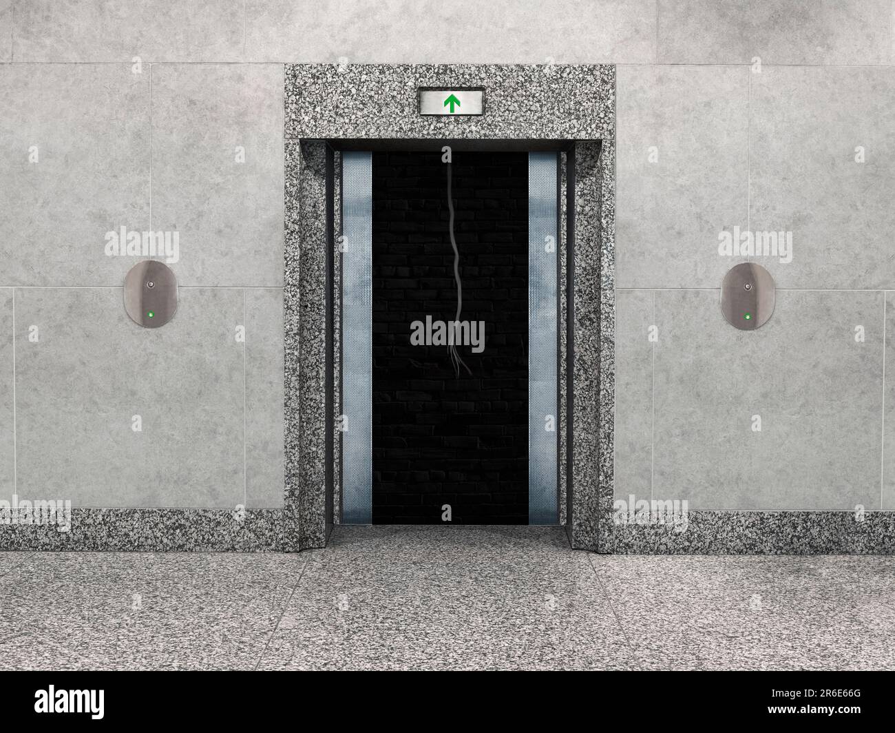 An office elevator-risk concept: Stark elevator doors open to reveal ...