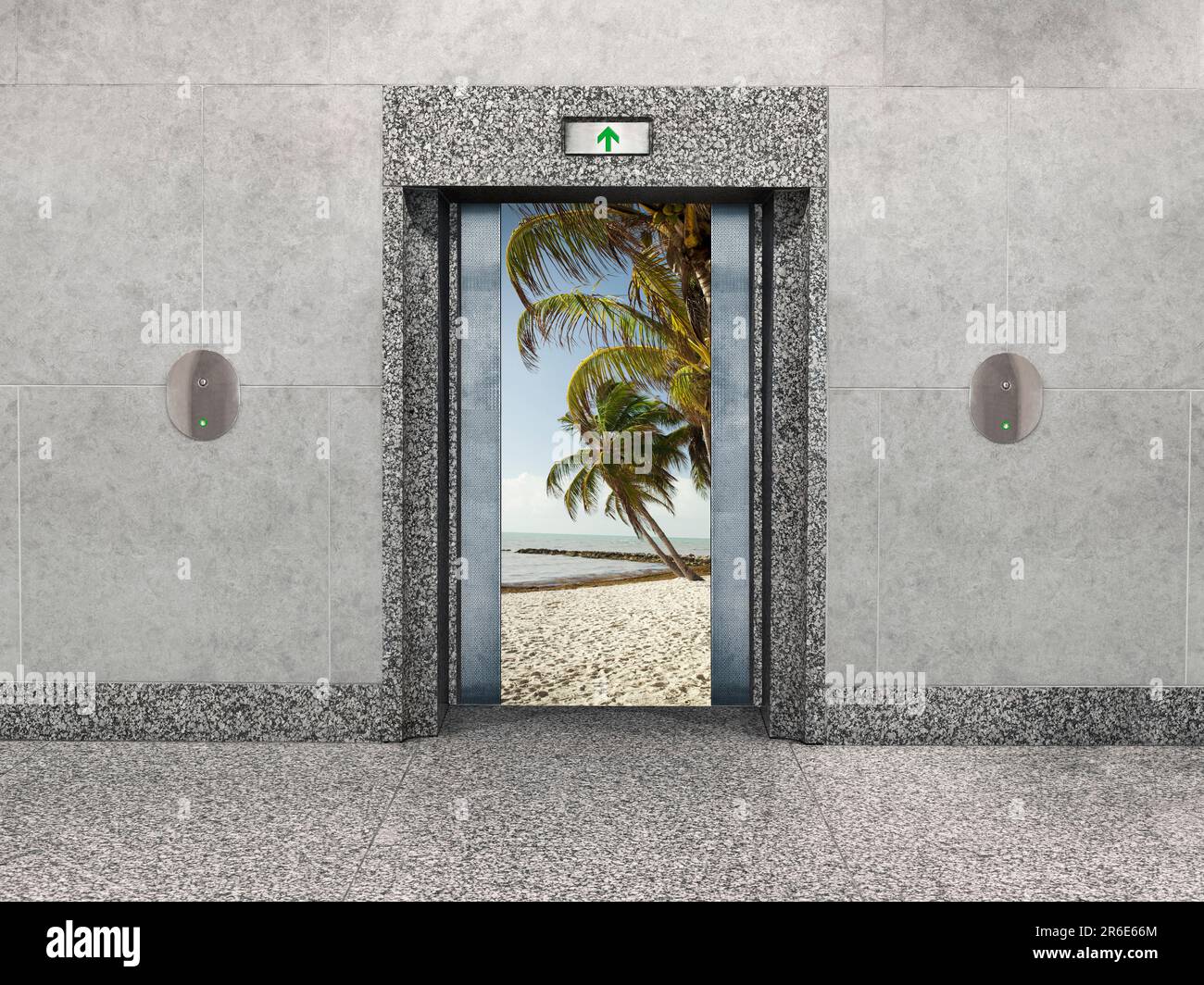 An office elevator-vacation concept: Stark elevator doors open to ...