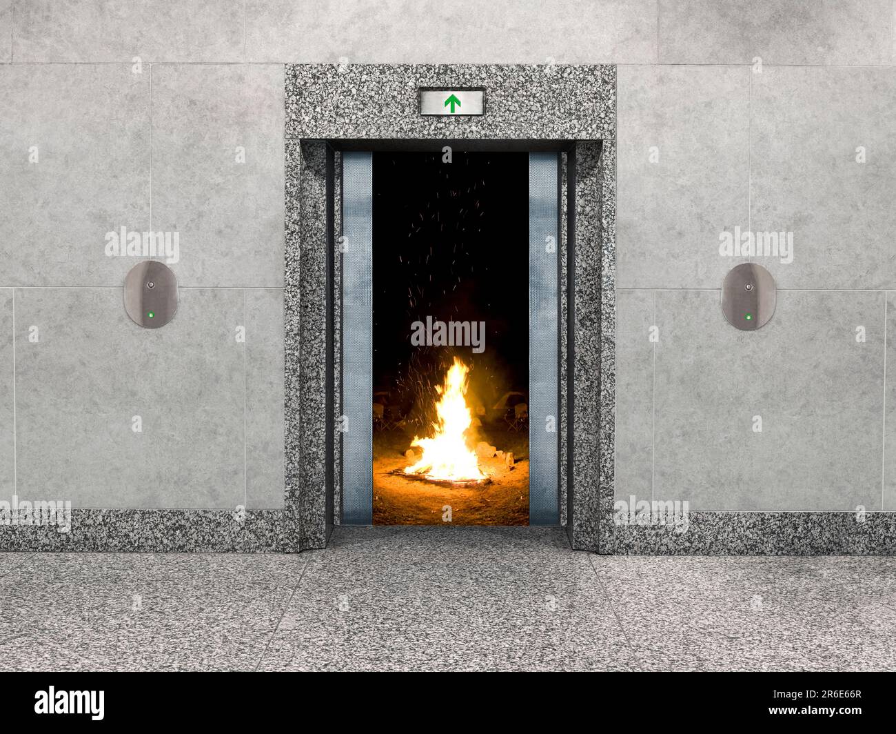 An office elevator-vacation camping concept: Stark elevator doors open ...