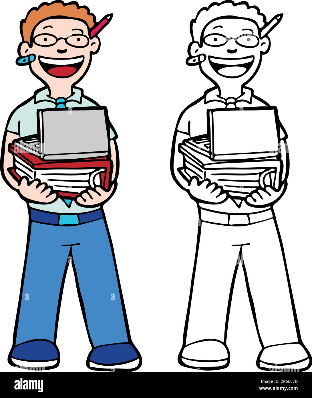 Cartoon image of a geek with his supplies - color and black/white Stock ...