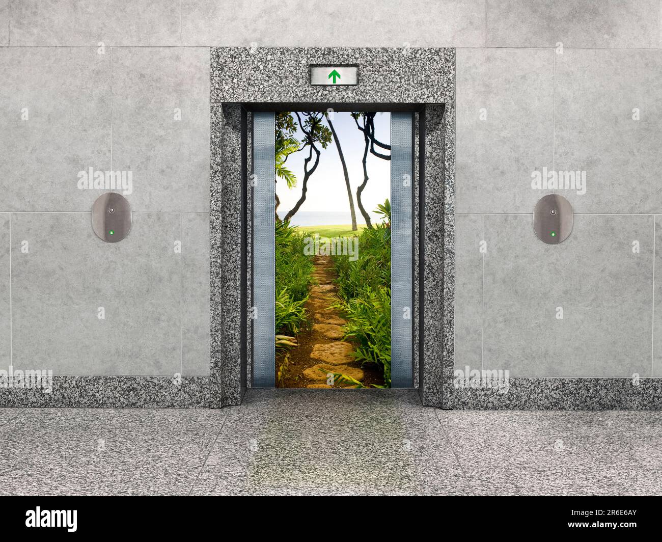 An office elevator-vacation concept: Stark elevator doors open to ...