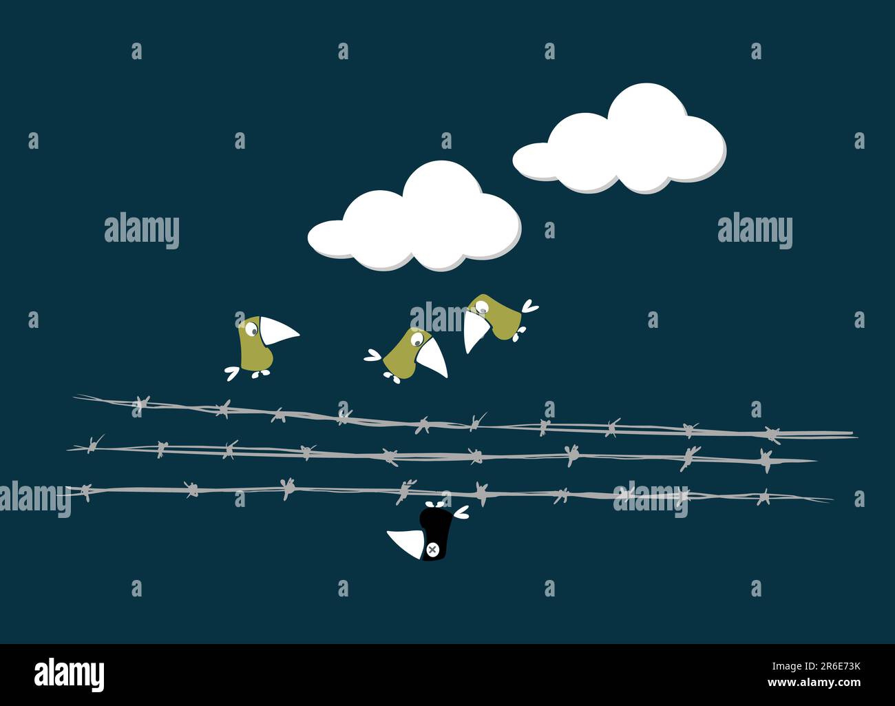 Three birds looking at an another bird shocked by the power line Stock ...