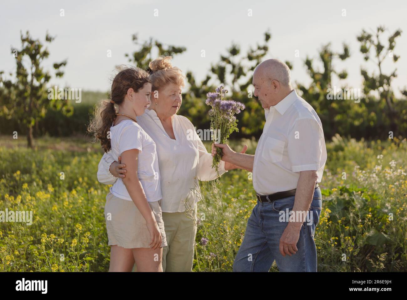 elderly people farmers in the field of wheat a walk in nature Stock ...