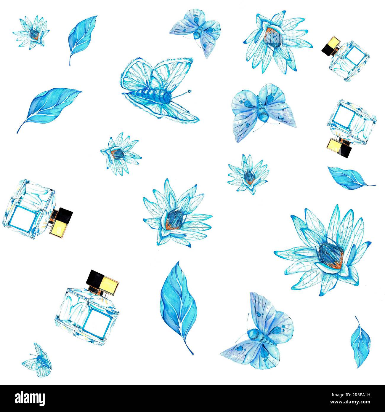 a set of watercolor illustrations. blue butterflies, lotus flowers ...
