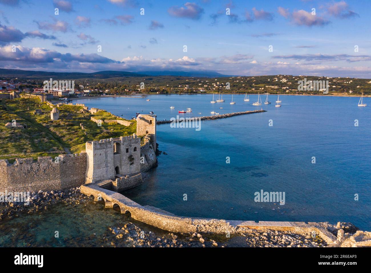Bay of Methoni with ancient castle in Greece Stock Photo - Alamy