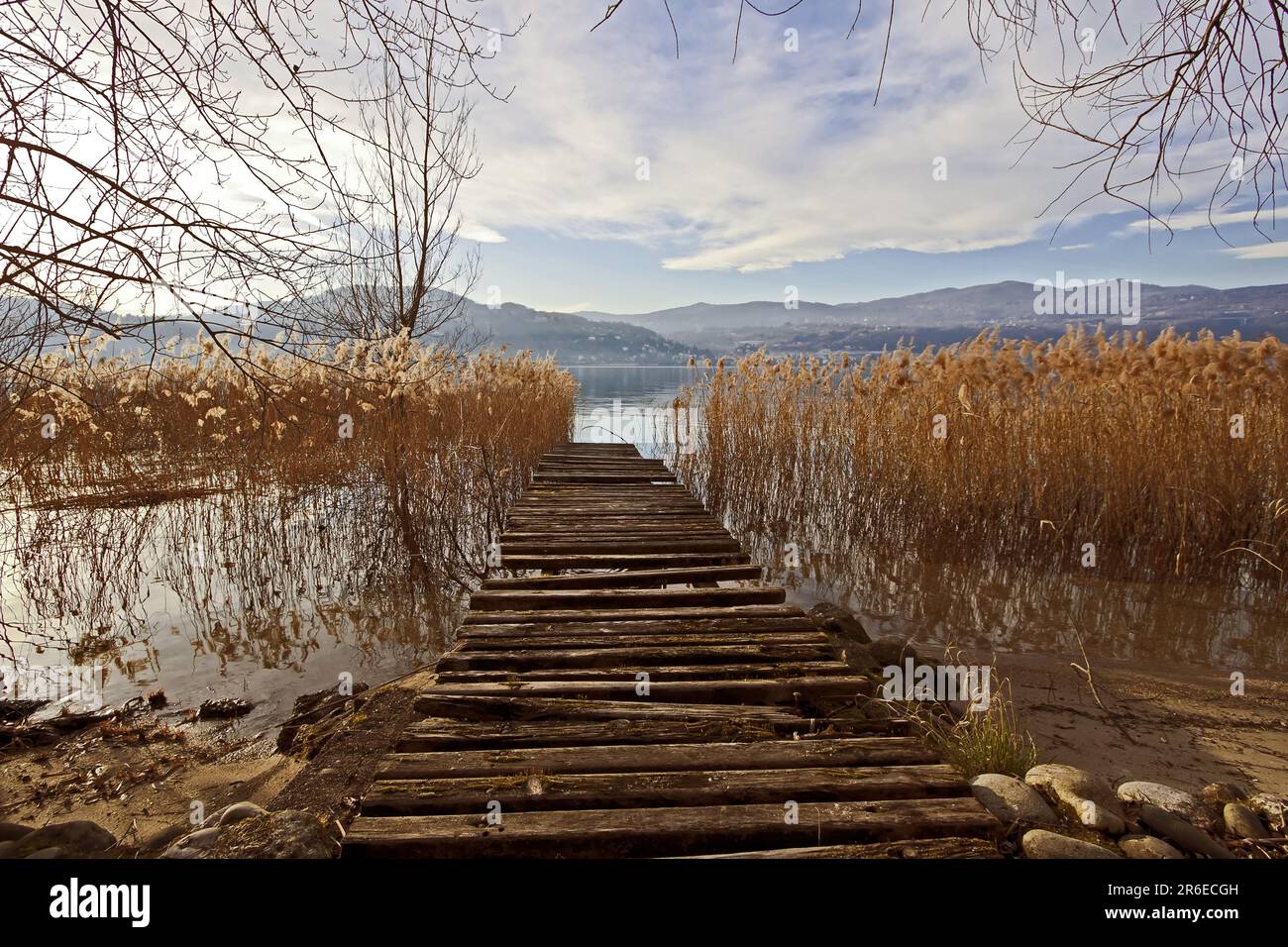 Wooden footbridge, Lake Maggiore, Angera, Lombardy, Varese province ...