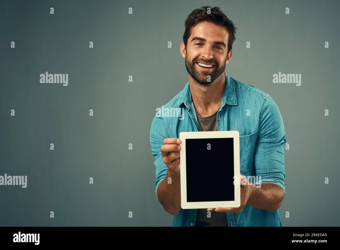 Happy man, tablet and advertising screen on mockup for marketing or ...