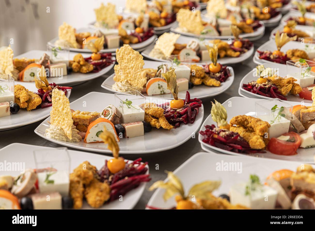Catering table set service, lot of appetizers plate Stock Photo - Alamy