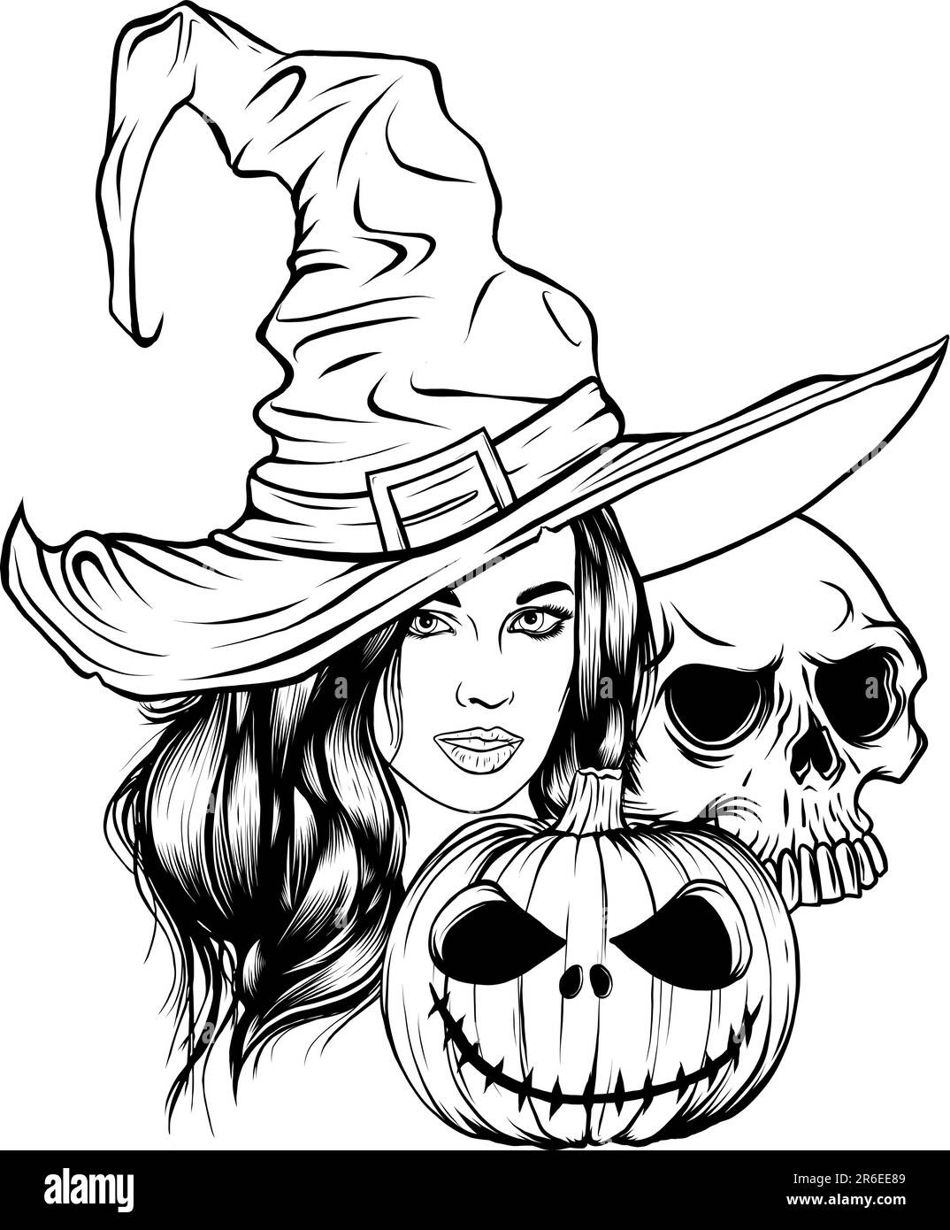 vector illustration of monochrome witch with skull and pumpkin Stock ...