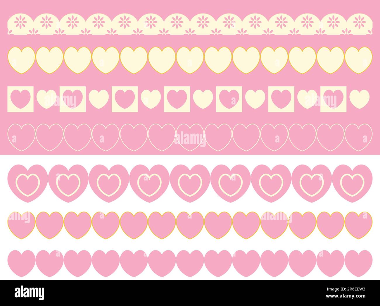 Vector brush borders of eyelet and hearts in pink, gold and ecru Stock ...