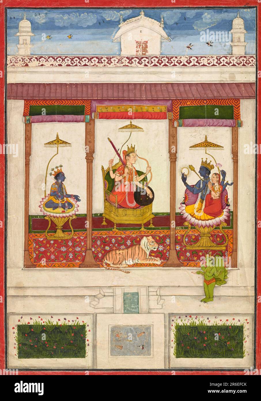 Devi with Krishna and Vishnu in a Palace. Opaque watercolor and gold on ...