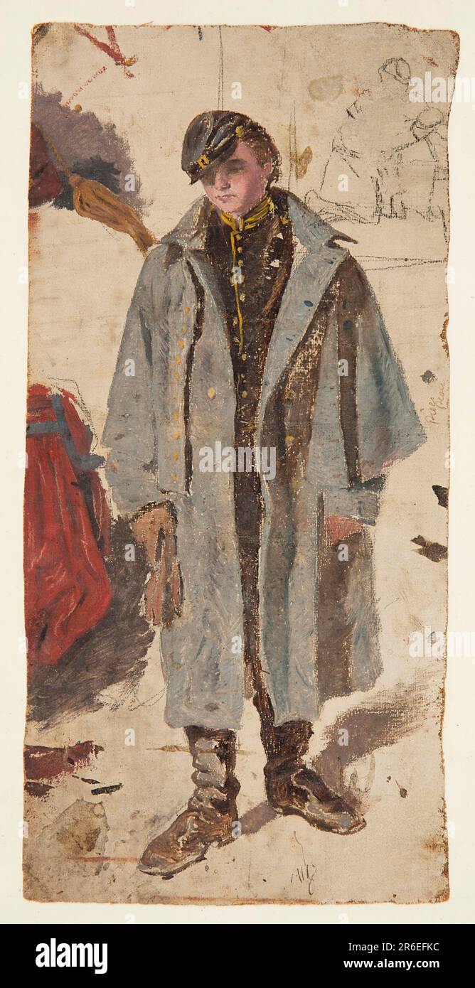 A young soldier stands in uniform, wearing a grey field cape. Sketched ...