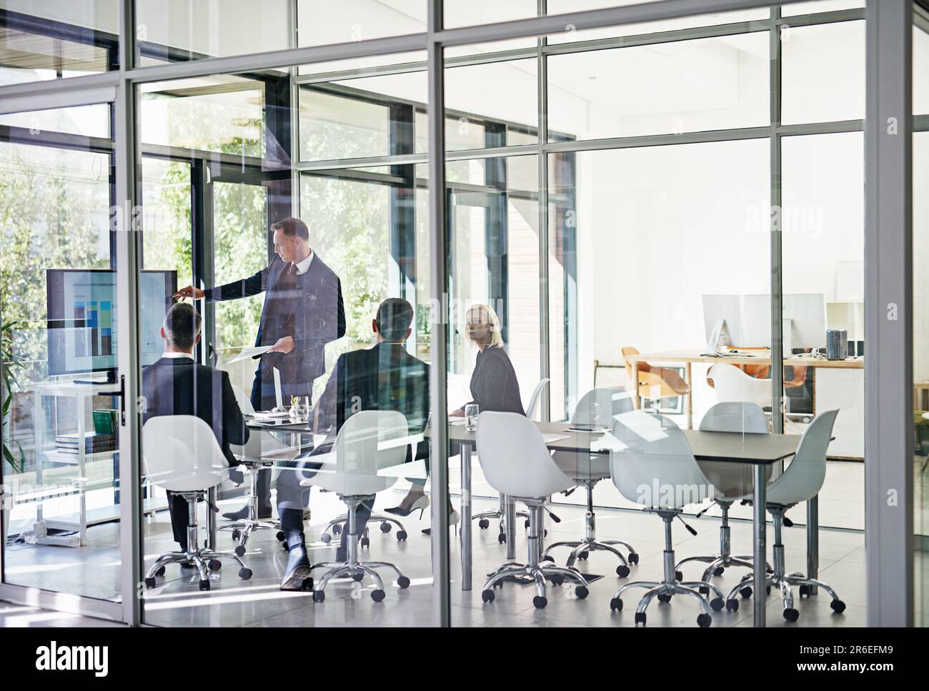 Presentation, colleagues planning and in a business meeting of their ...