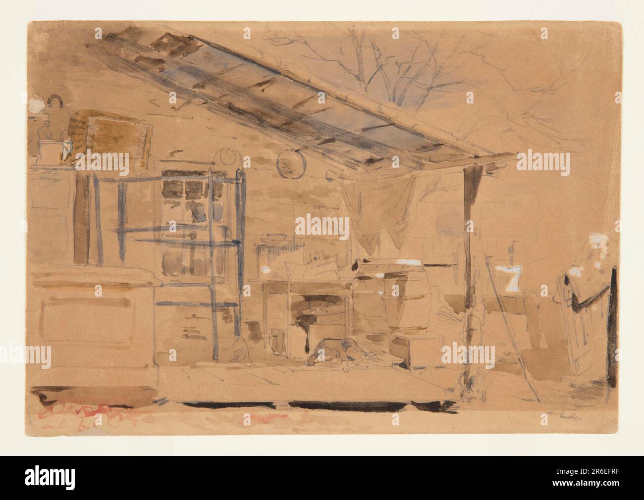 Sketch of a house with a porch, yard, and fence. Graphite, brush and ...