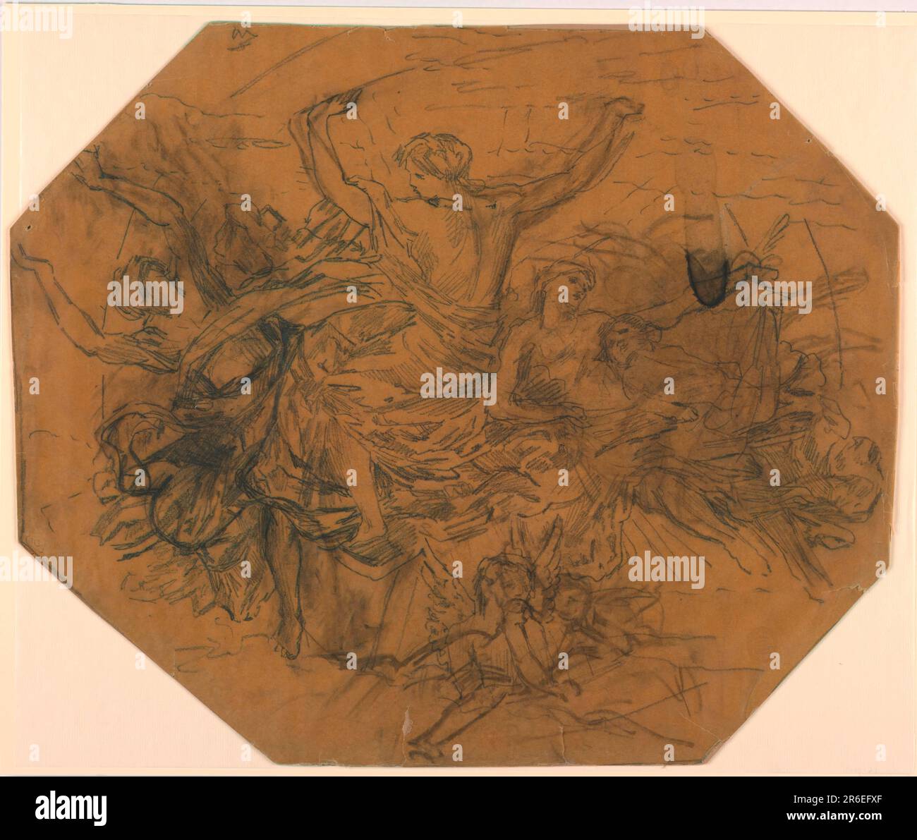 Sketch of an octagonal ceiling panel with figures in loose garments ...