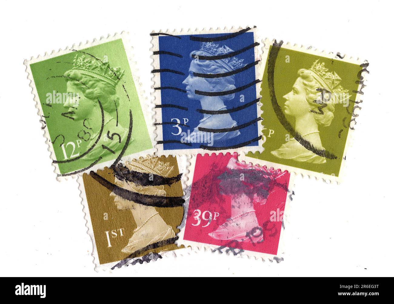 A montage of multi coloured vintage postage stamps from the United ...