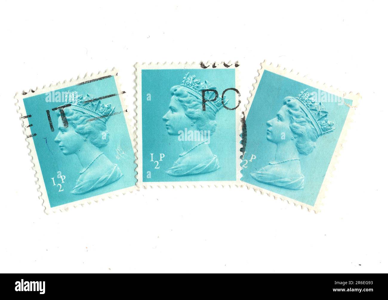 A montage of blue 0.5p vintage postage stamps from the United Kingdom ...