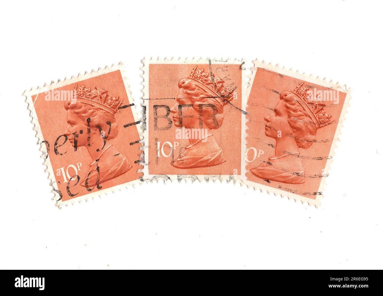 A montage of orange 10p vintage postage stamps from the United Kingdom ...