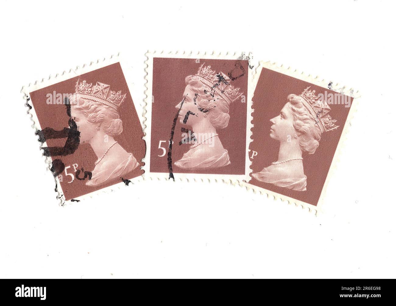 A montage of brown 5p vintage postage stamps from the United Kingdom ...
