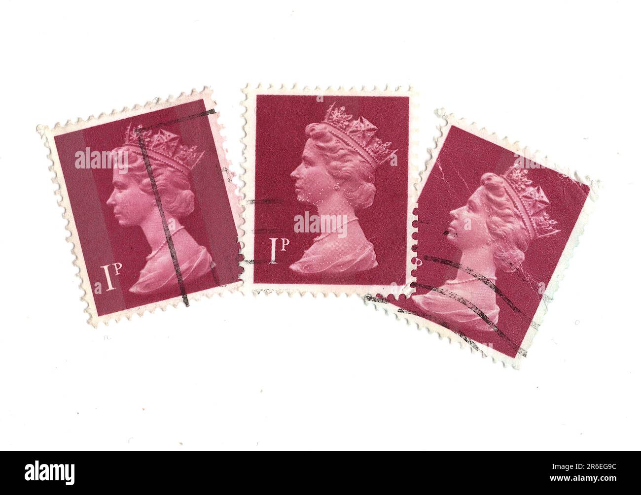 A montage of red 1p vintage postage stamps from the United Kingdom ...
