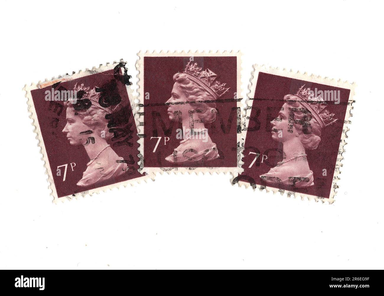 A montage of brown 7p vintage postage stamps from the United Kingdom ...