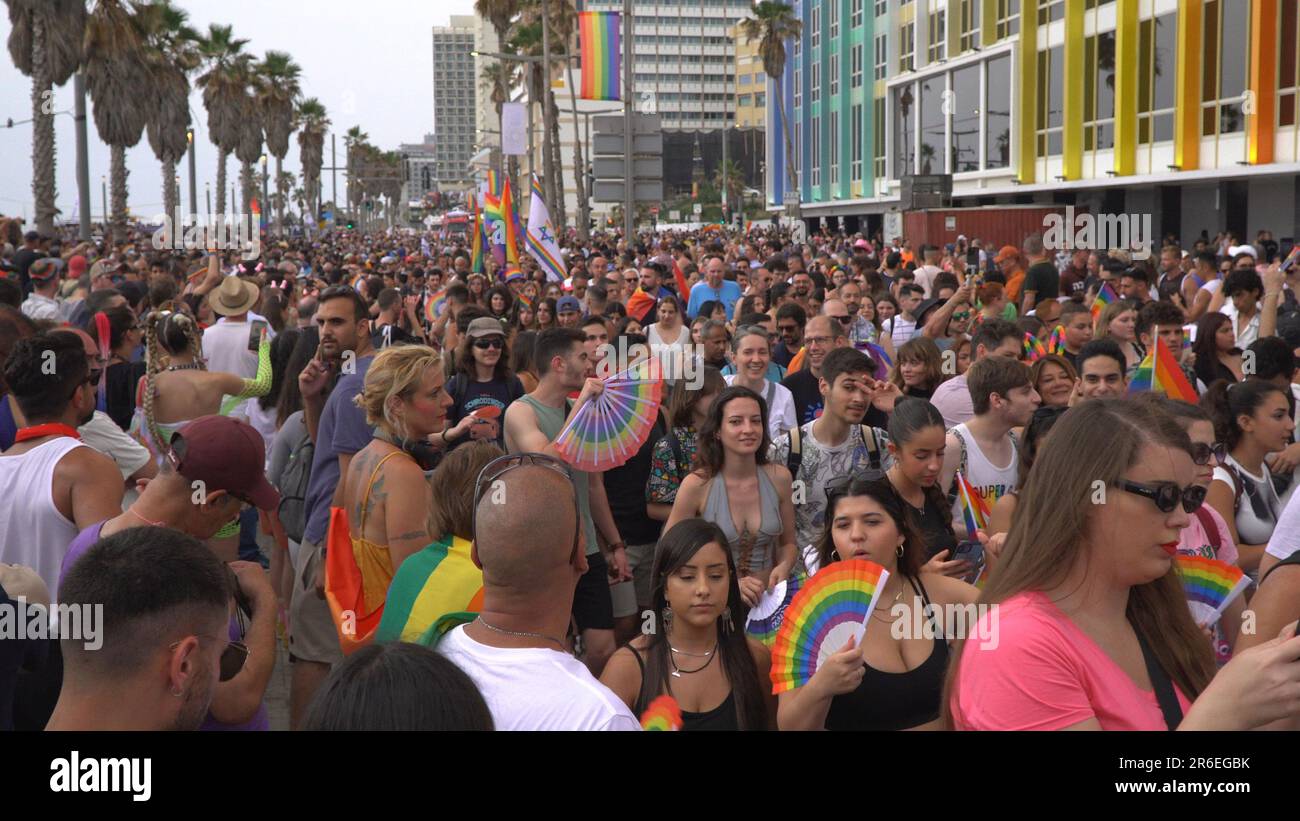 TEL AVIV, ISRAEL - JUNE 8: People march along the seafront promenade as they take part in Tel ...