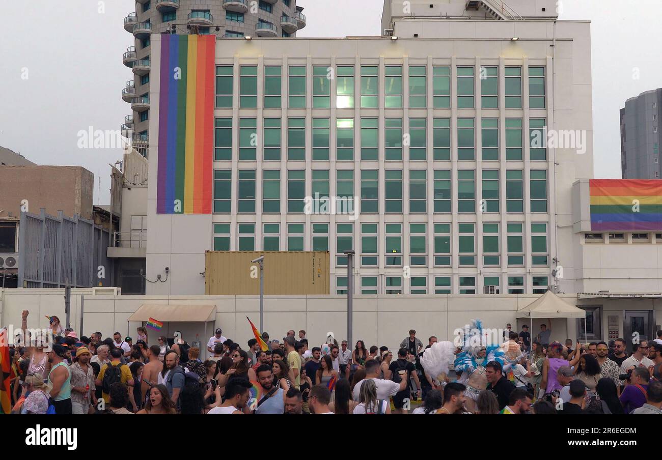 TEL AVIV, ISRAEL - JUNE 8: Participants pass in front of the U.S ...
