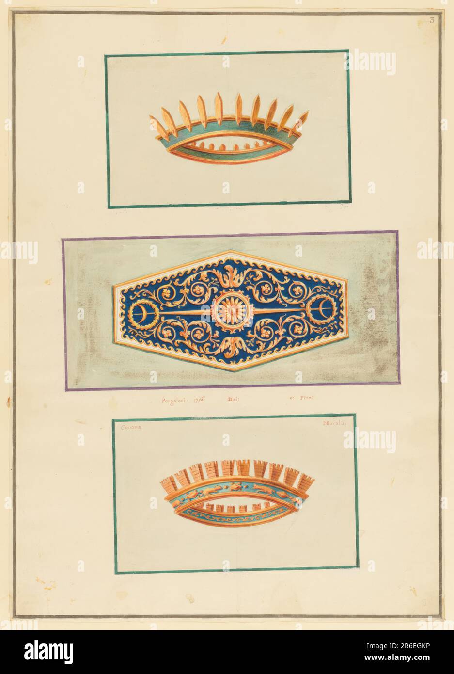 Ornament Design, Roman Shield between Camp and Mural Crowns. Date: 1776. Pen and ink, brush and ...