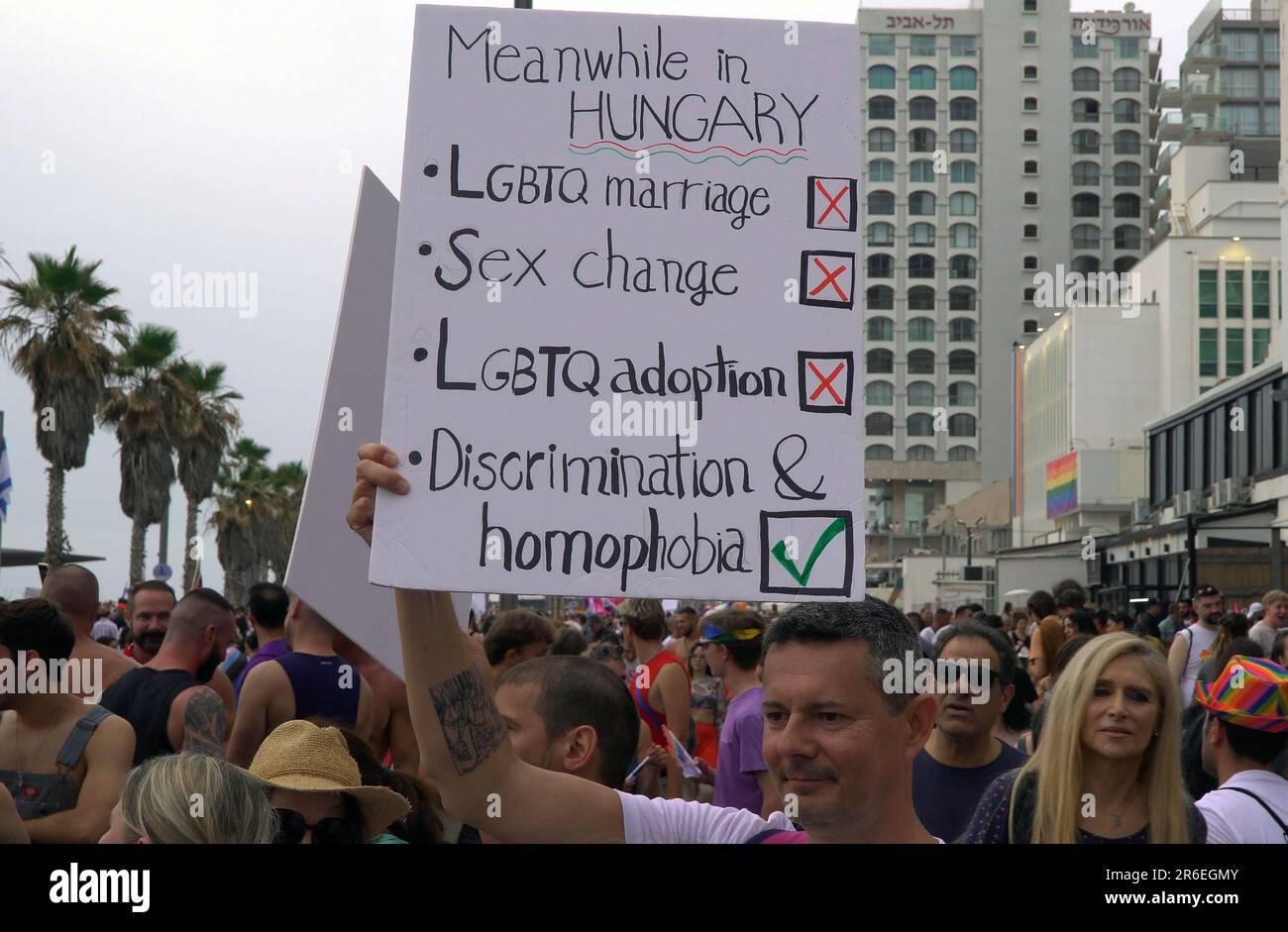 TEL AVIV, ISRAEL - JUNE 8: Participants from Hungary hold signs calling ...