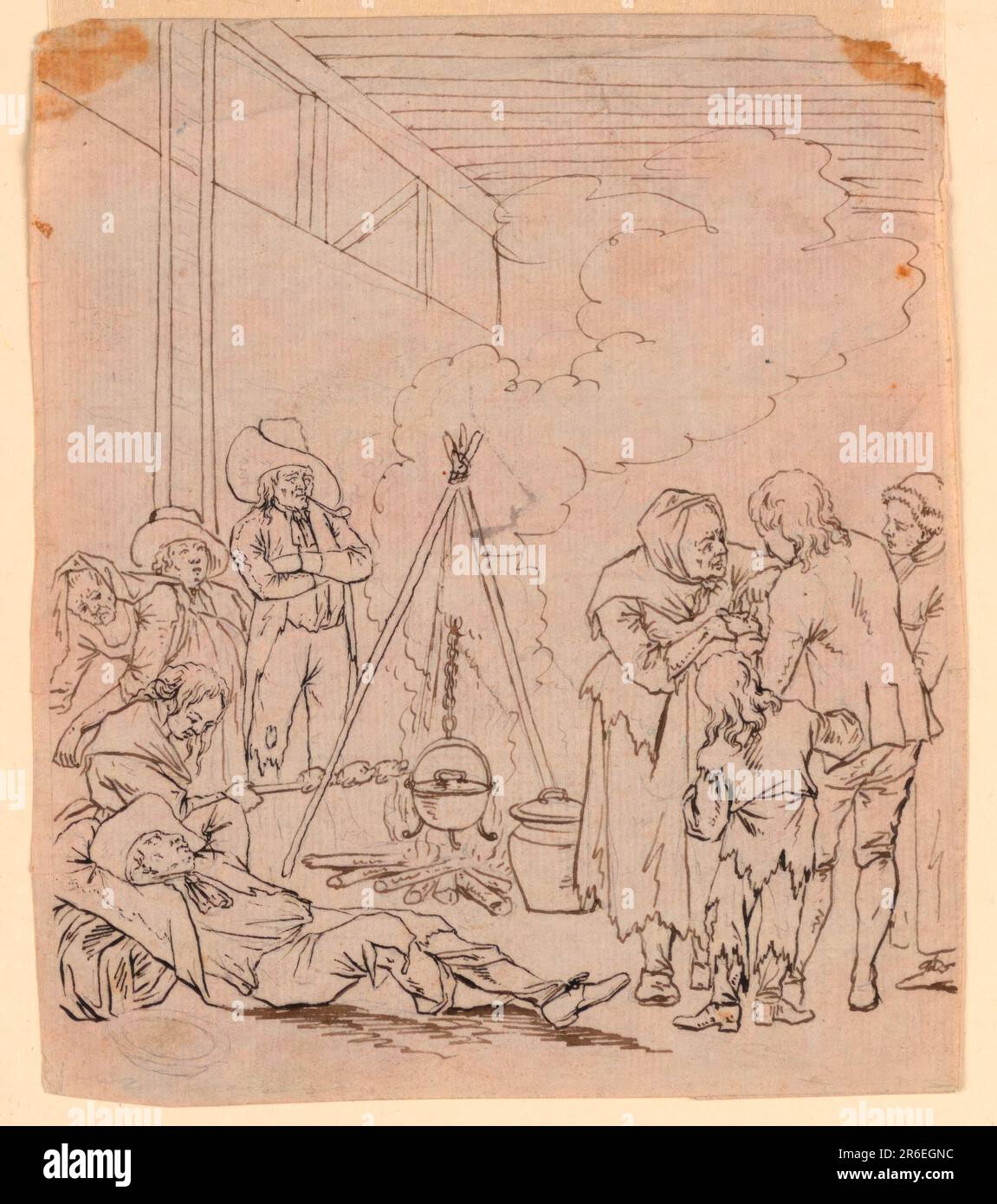 A large group of figures in ragged clothing gather around a pot ...