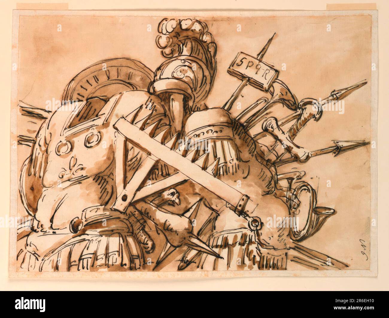 Trophy of weapons. Pen and brown ink, brush and brown wash on off-white ...