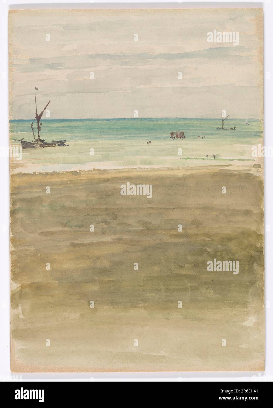 A broad sand beach, and water beyond; figures and bathing machines in ...