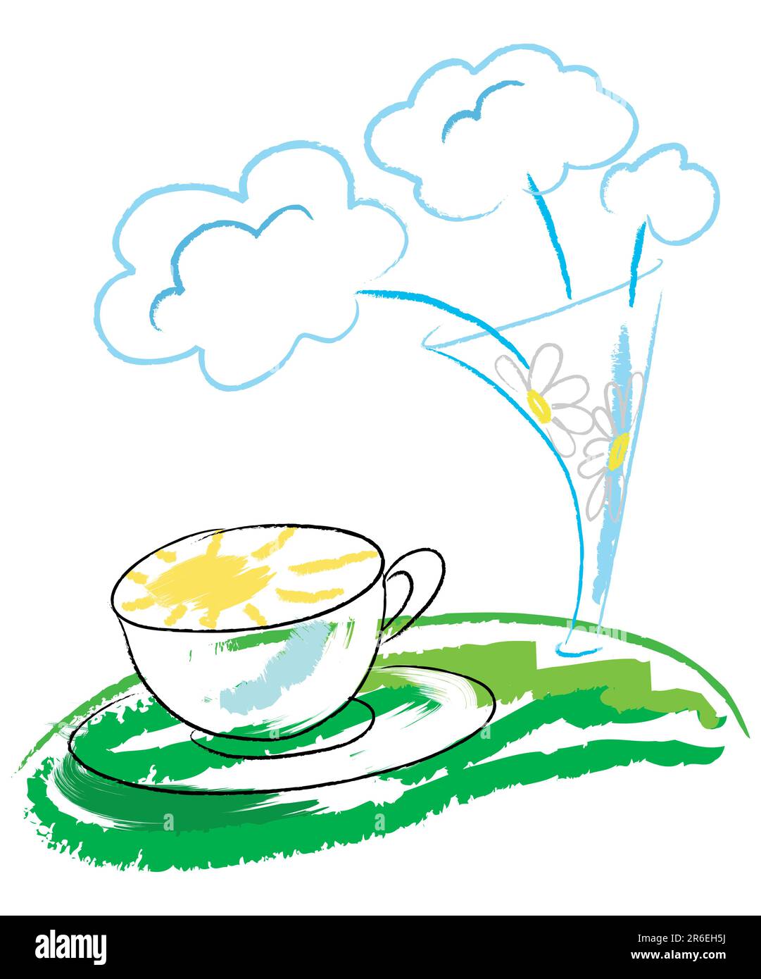 Flowers and sun in cup. Still-life. Simulated of watercolor. Vector ...